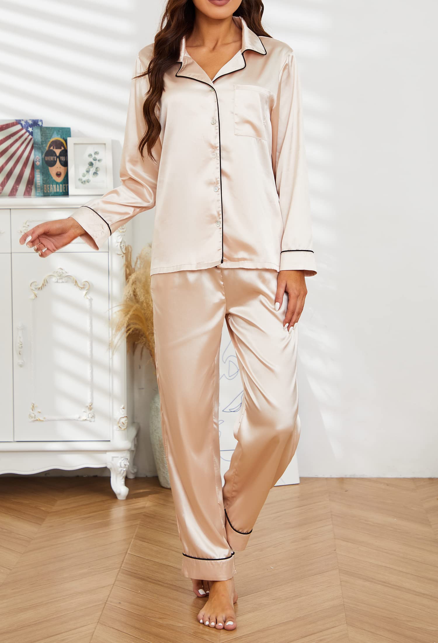 U2SKIIN Women Silk Pajamas Set, Long Sleeve Satin Pajamas for Women Sleepwear Button Down Pjs Set Two-piece(Champagne, L)