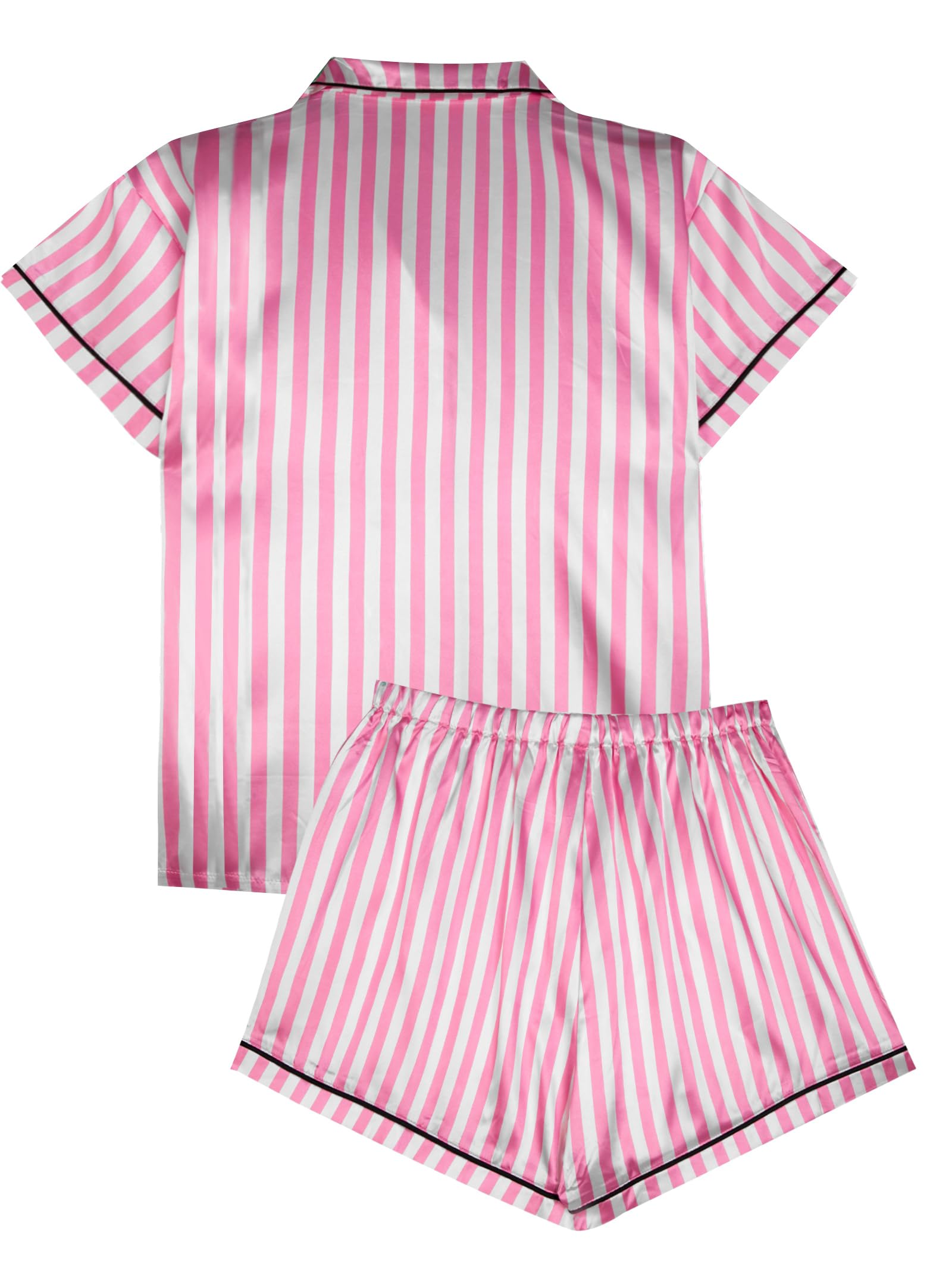 Remidoo Women's Striped Silk Satin Short Sleeve Button Down Pajama Set 2 Piece Pjs Loungewear Pink Large