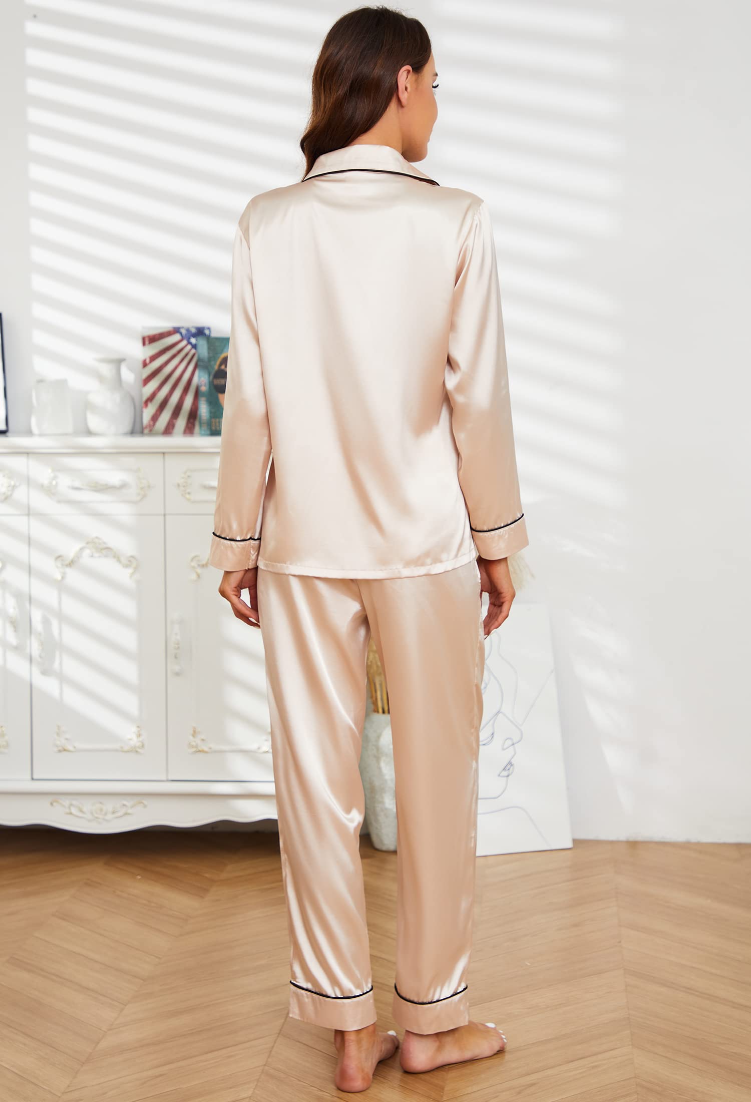 U2SKIIN Women Silk Pajamas Set, Long Sleeve Satin Pajamas for Women Sleepwear Button Down Pjs Set Two-piece(Champagne, L)