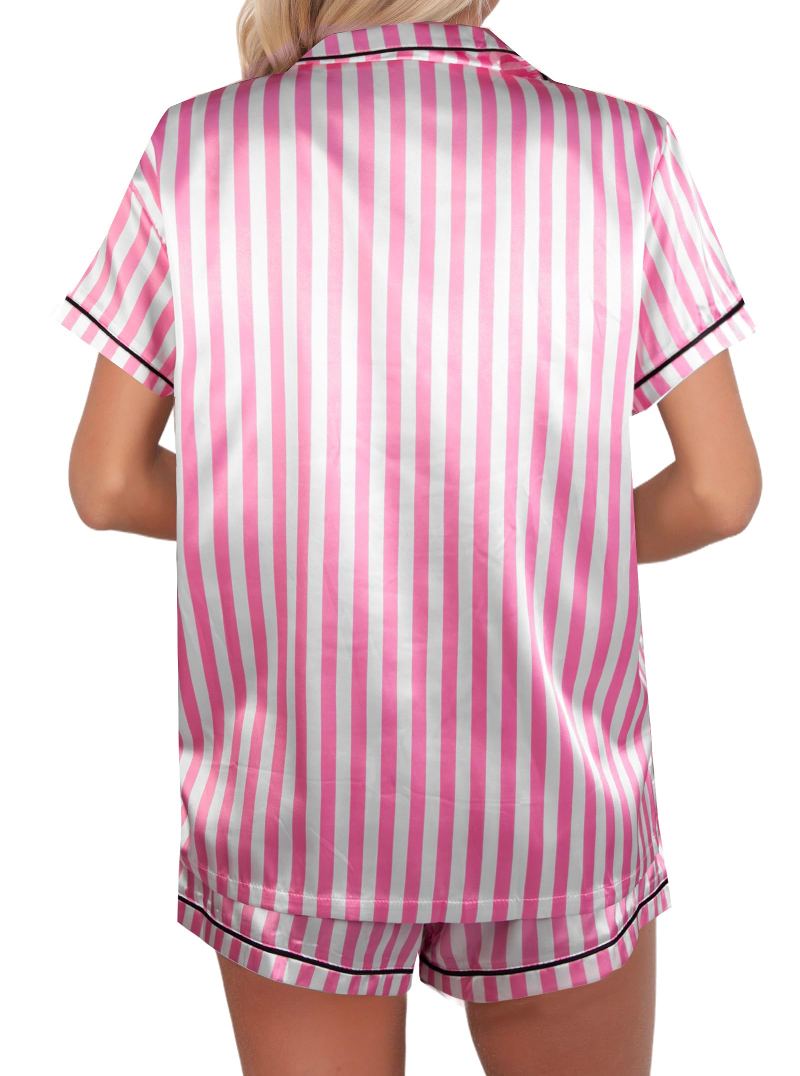 Remidoo Women's Striped Silk Satin Short Sleeve Button Down Pajama Set 2 Piece Pjs Loungewear Pink Large