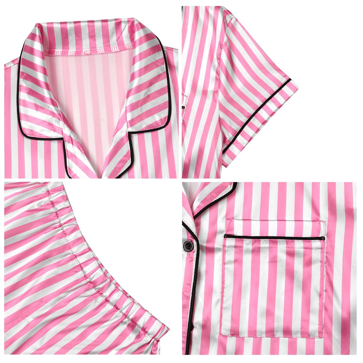 Remidoo Women's Striped Silk Satin Short Sleeve Button Down Pajama Set 2 Piece Pjs Loungewear Pink Large