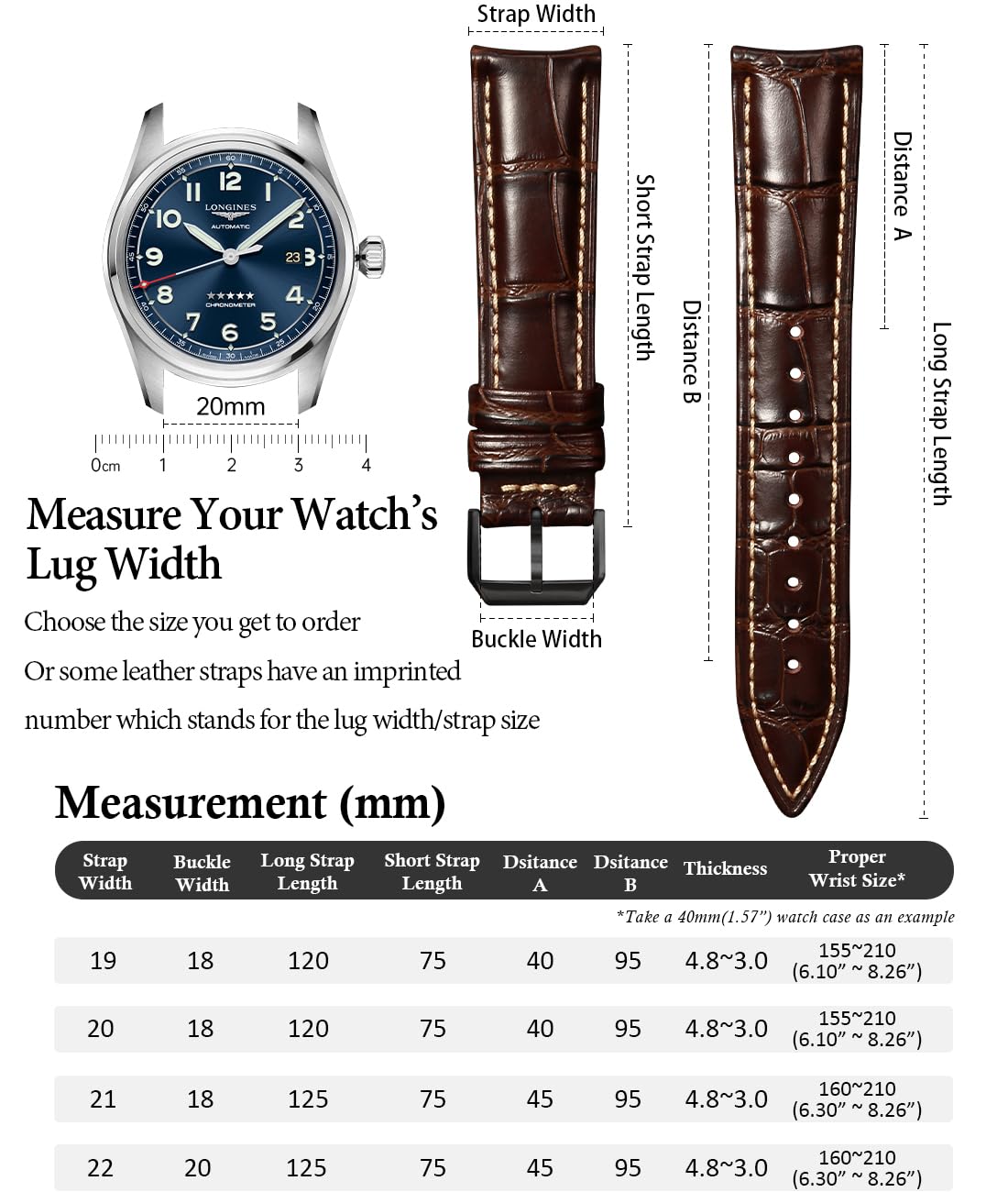 REZERO Leather Watch Bands for Men, Quick Release Watch Straps, Luxury Italian Alligator Grain Embossed Band Replacements 19mm 20mm 21mm 22mm