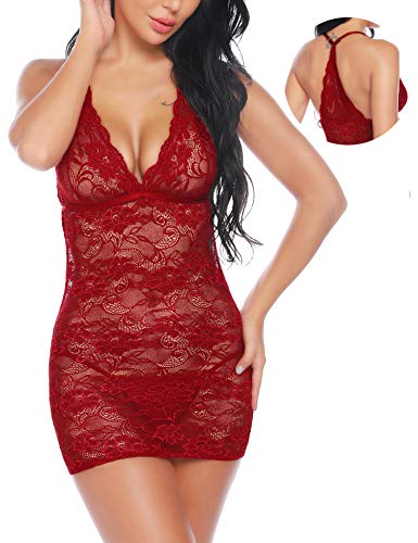 Gladiolus Sexy Womens Lingerie Strap Lace Mini Dress Babydoll Teddy Nightwear Dark Red S