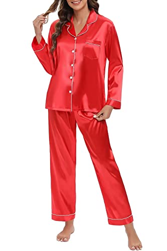 HPWUZK Women's Silk Satin Pajamas Set Long Sleeve Sleepwear Soft Pjs Set Two Piece Button Down Loungewear Pj Set,Red,X-Large