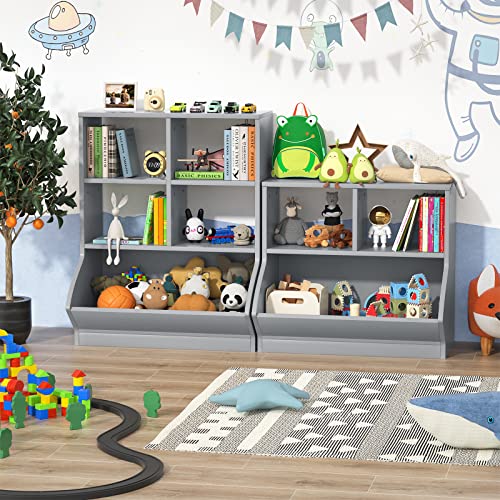 Aheaplus Toy Storage Organizer with Bookcase, 5 Cubby Bookshelf Toy Storage Cabinet, Open Multi-Bins Toys&Books Storage Display Organizer for Playroom, Bedroom, Living Room, Grey