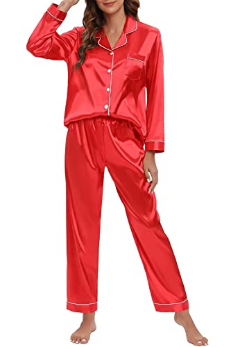 HPWUZK Women's Silk Satin Pajamas Set Long Sleeve Sleepwear Soft Pjs Set Two Piece Button Down Loungewear Pj Set,Red,X-Large