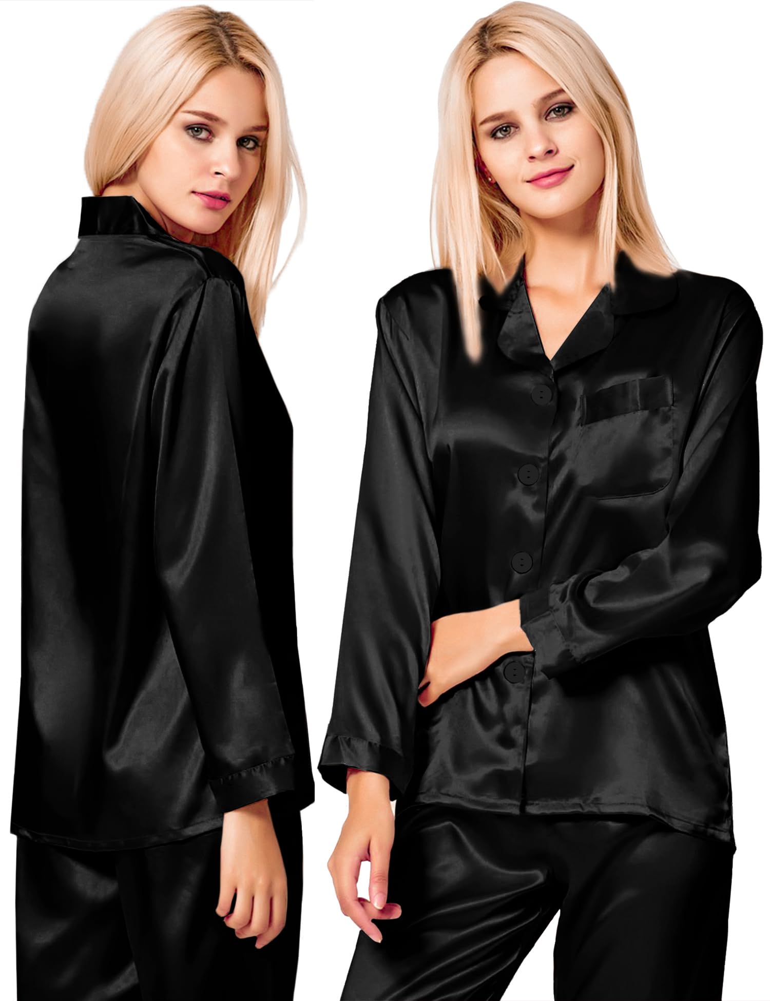 SWOMOG Long Sleeve Pajamas Set Silk Satin Sleepwear Button Down Pjs Loungewear with Pocket Black X-Small
