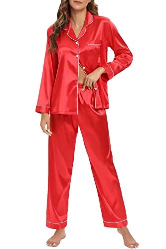 HPWUZK Women's Silk Satin Pajamas Set Long Sleeve Sleepwear Soft Pjs Set Two Piece Button Down Loungewear Pj Set,Red,X-Large