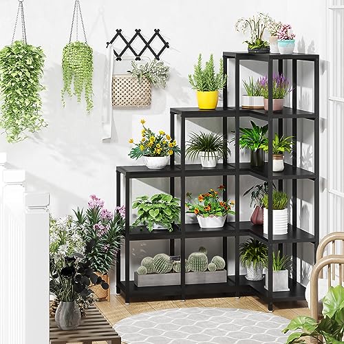 Tribesigns 5-Tier Corner Bookshelf, 63” Tall Modern L-Shaped Bookshelf Corner Bookcase, 17 Shelves Black Stepped Bookcase Display Rack Storage Shelf for Living Room Home Office (Black)