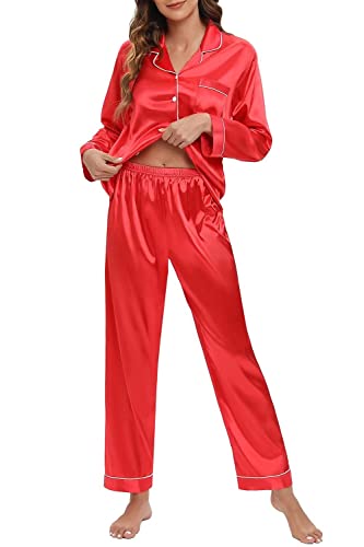 HPWUZK Women's Silk Satin Pajamas Set Long Sleeve Sleepwear Soft Pjs Set Two Piece Button Down Loungewear Pj Set,Red,X-Large