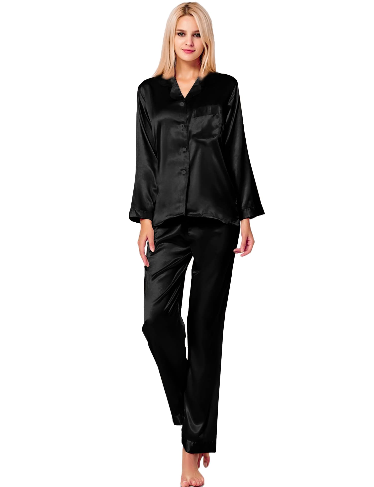 SWOMOG Long Sleeve Pajamas Set Silk Satin Sleepwear Button Down Pjs Loungewear with Pocket Black X-Small