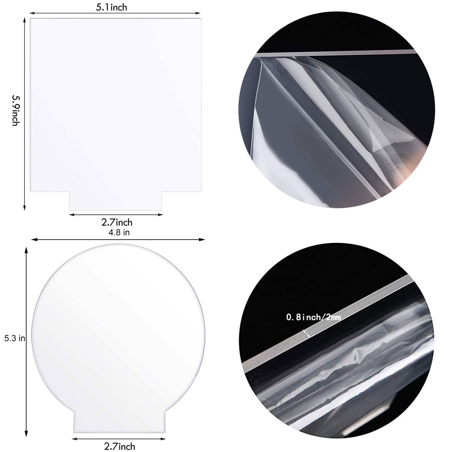 6 Pcs 2mm Acrylic Sheet Clear Cast Plexiglass Square and Round Panel Thick Plastic Glass Board with Double Sided Protective(5.8"x 5.1") for LED Light Base Signs DIY Display Projects Craft