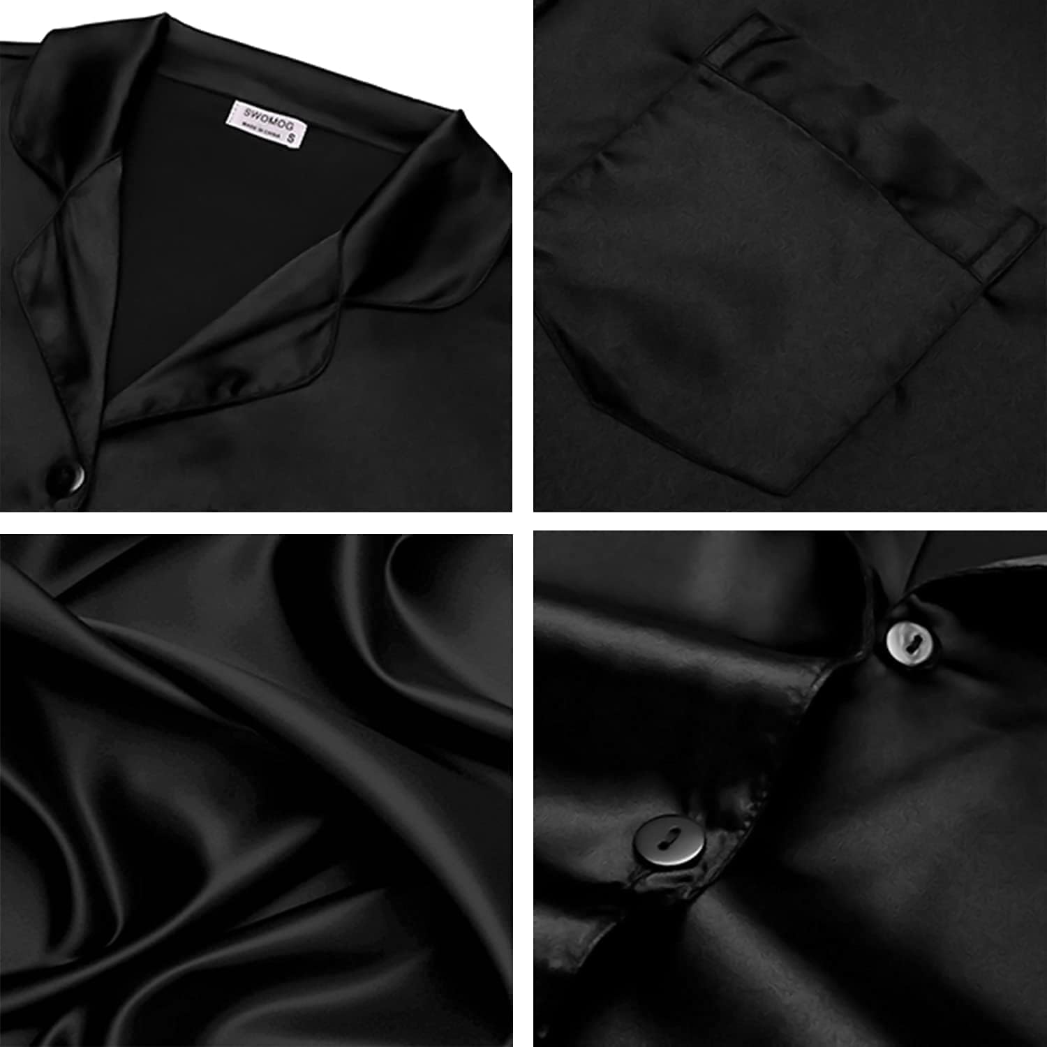 SWOMOG Long Sleeve Pajamas Set Silk Satin Sleepwear Button Down Pjs Loungewear with Pocket Black X-Small