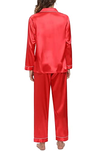 HPWUZK Women's Silk Satin Pajamas Set Long Sleeve Sleepwear Soft Pjs Set Two Piece Button Down Loungewear Pj Set,Red,X-Large