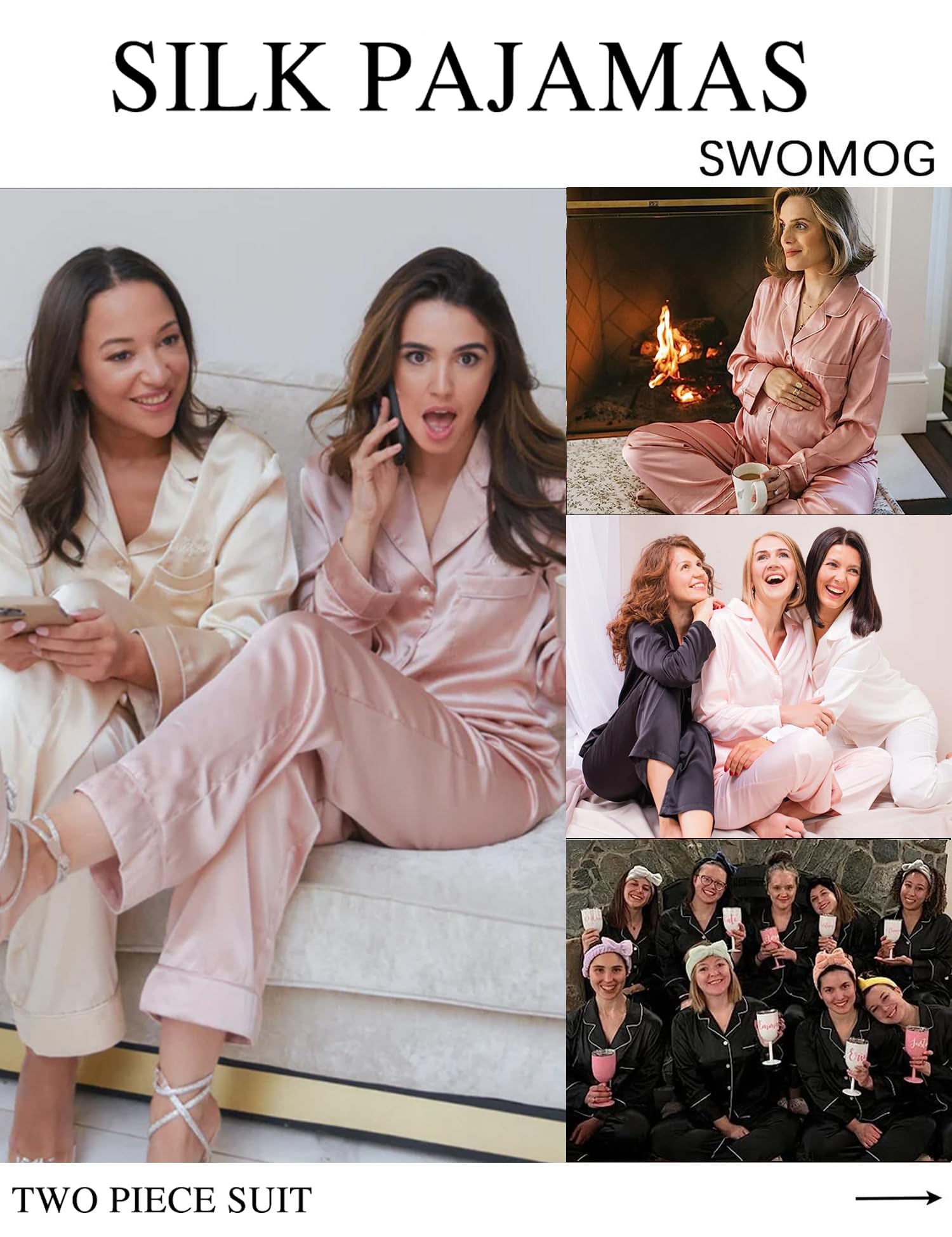 SWOMOG Long Sleeve Pajamas Set Silk Satin Sleepwear Button Down Pjs Loungewear with Pocket Black X-Small