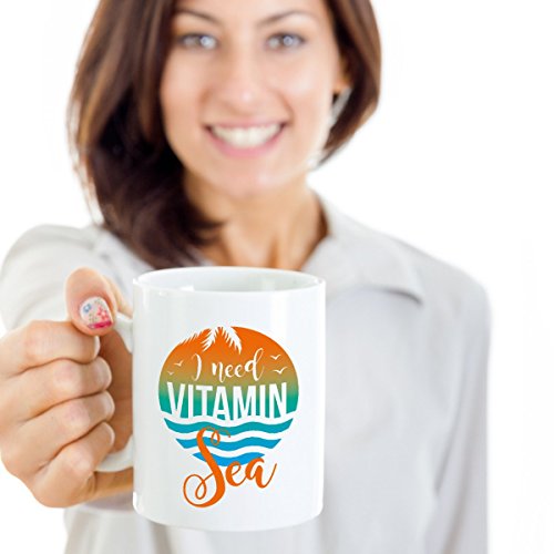I Need Vitamin Sea Summer Themed Beach Quote Art Coffee & Tea Gift Mug For Beach Lover Men & Women (15oz)