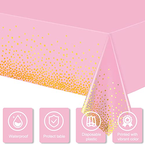 3 Pieces Dot Tablecloth Confetti Rectangle Plastic Disposable Table Cover for Birthday Wedding Baby Shower Engagement Anniversary Bachelorette Party, 54 x 108 Inch (Pink and Gold)
