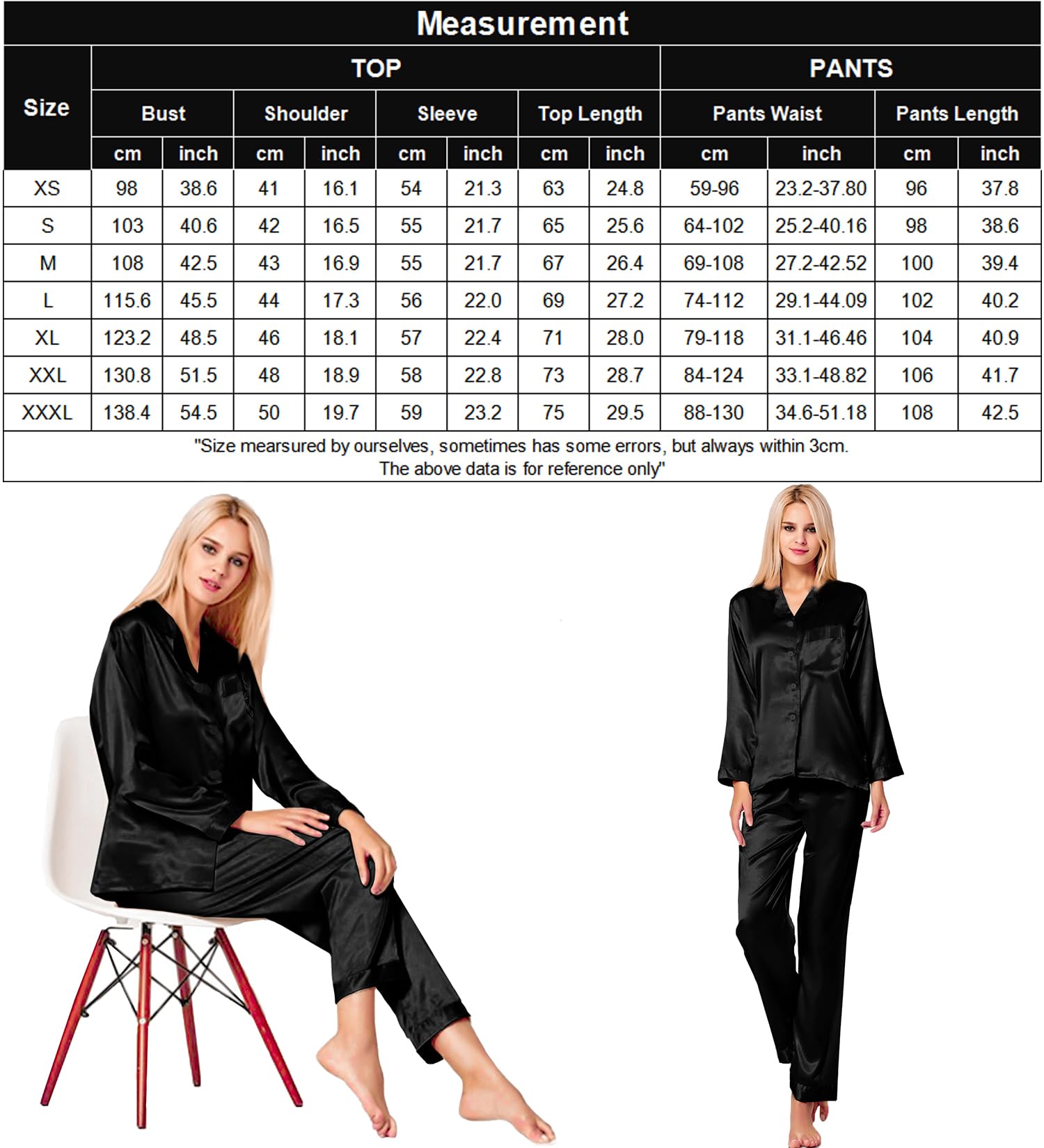 SWOMOG Long Sleeve Pajamas Set Silk Satin Sleepwear Button Down Pjs Loungewear with Pocket Black X-Small