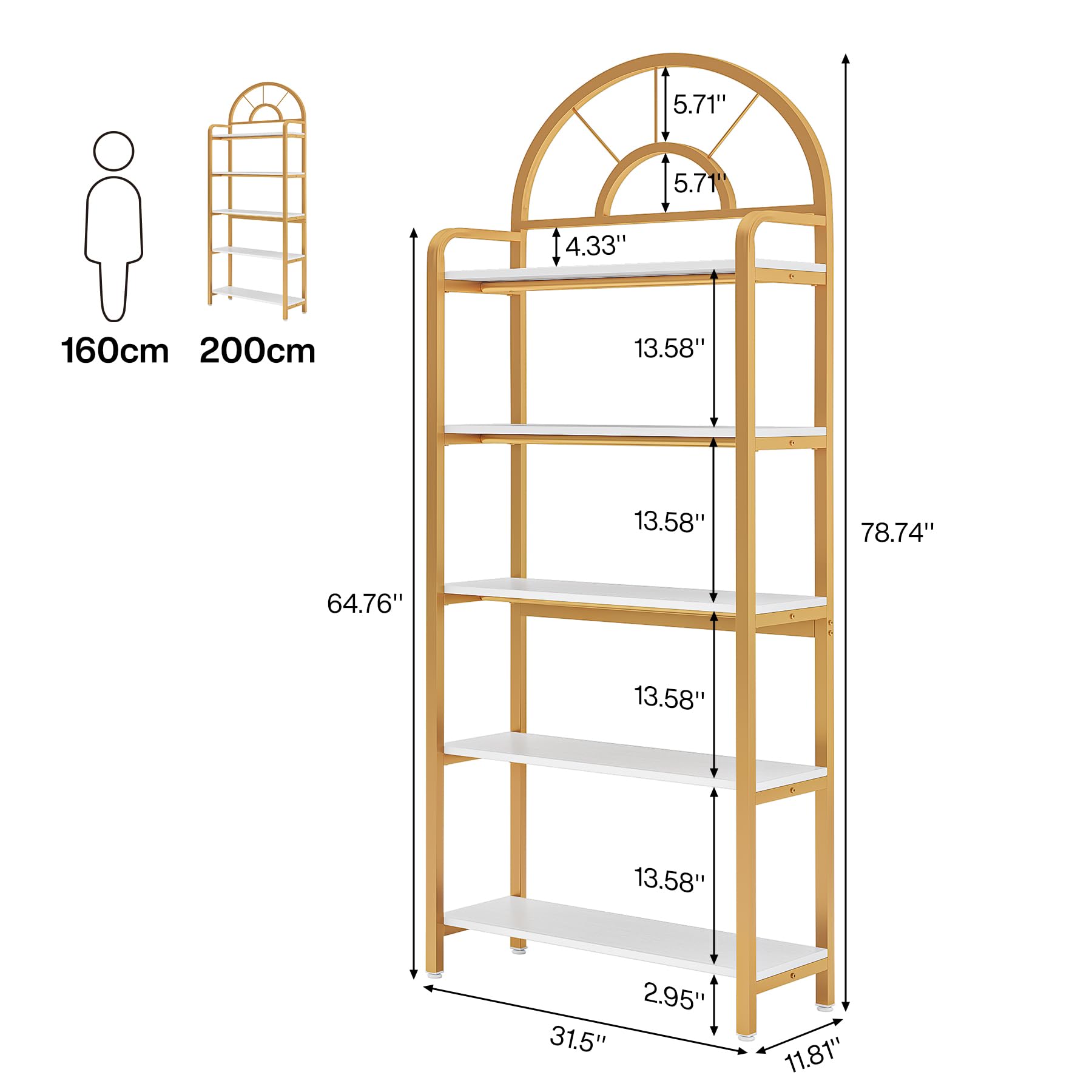 Tribesigns White and Gold Arched Bookshelf 5 Tier Bookcase, Gold Shelves for Living Room Freestanding Tall Display Shelf, Decorative Shelf for Bedroom