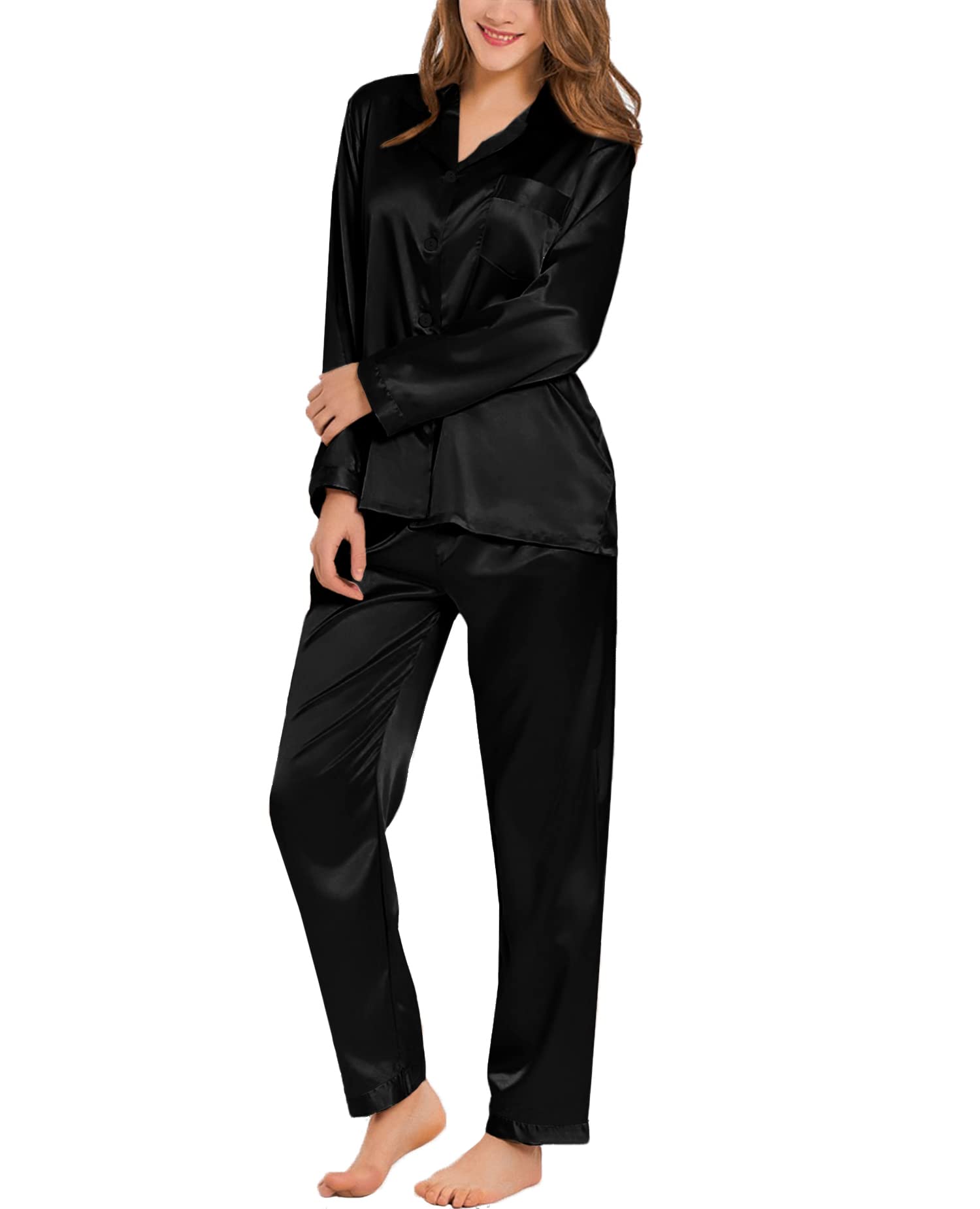 SWOMOG Long Sleeve Pajamas Set Silk Satin Sleepwear Button Down Pjs Loungewear with Pocket Black X-Small