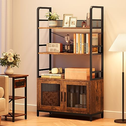 IDEALHOUSE Bookshelf with Doors Industrial Bookcase with 3 Tiers Open Storage Shelves Rustic Bookshelves Tall Display Rack Cabinet Farmhouse Bookshelf for Bedroom, Living Room, Home Office, Brown