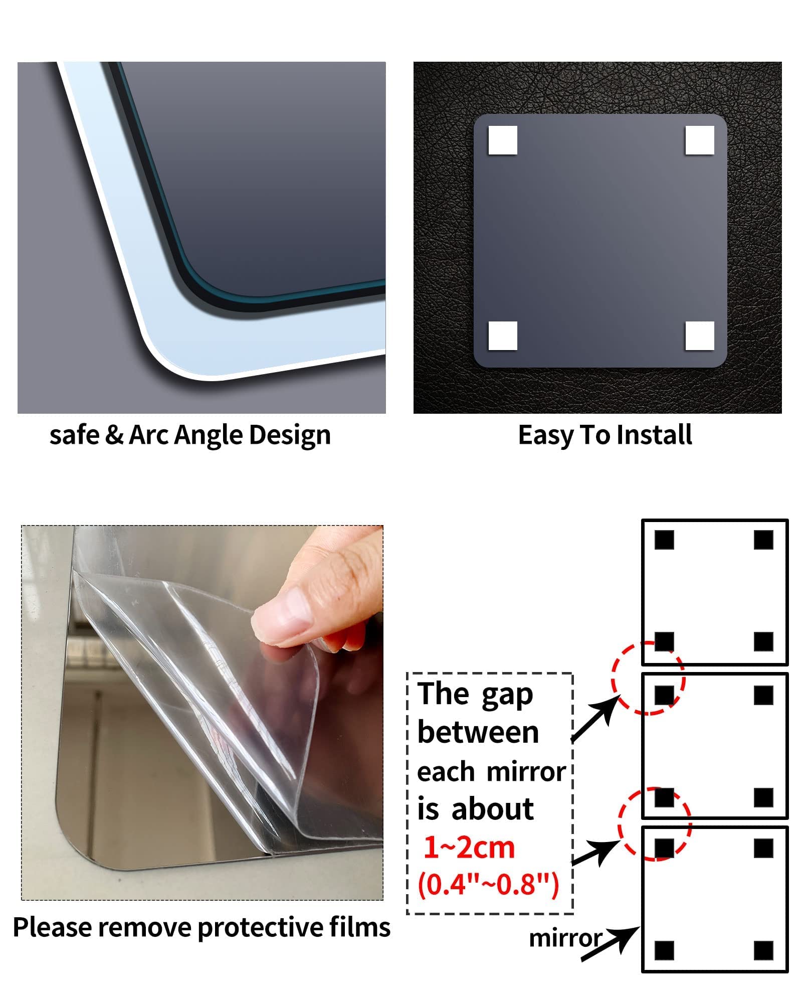 canhard Unbreakable Wall Mirror Tiles, Shatterproof, 1/8" Thick, 8"x8", Modern, Silver Frame, Wall Mount, Kids Room, Bedroom, Closet