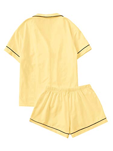 Floerns Women's Notch Collar Short Sleeve Sleepwear Two Piece Pajama Set Yellow Solid M