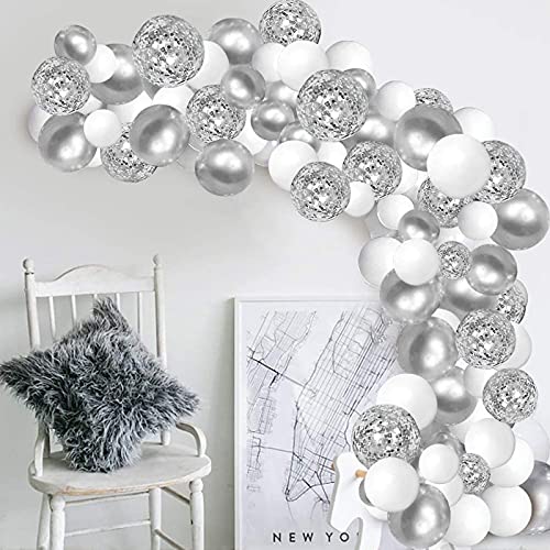 Bezente White Silver Balloon Garland Kit,100Pcs White Silver Metallic Chrome and Silver Confetti Balloons with Balloon Tape for Wedding, Prom,Special Events Party Decoration.