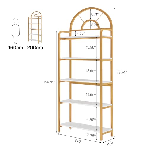 Tribesigns White and Gold Arched Bookshelf 5 Tier Bookcase, Gold Shelves for Living Room Freestanding Tall Display Shelf, Decorative Shelf for Bedroom