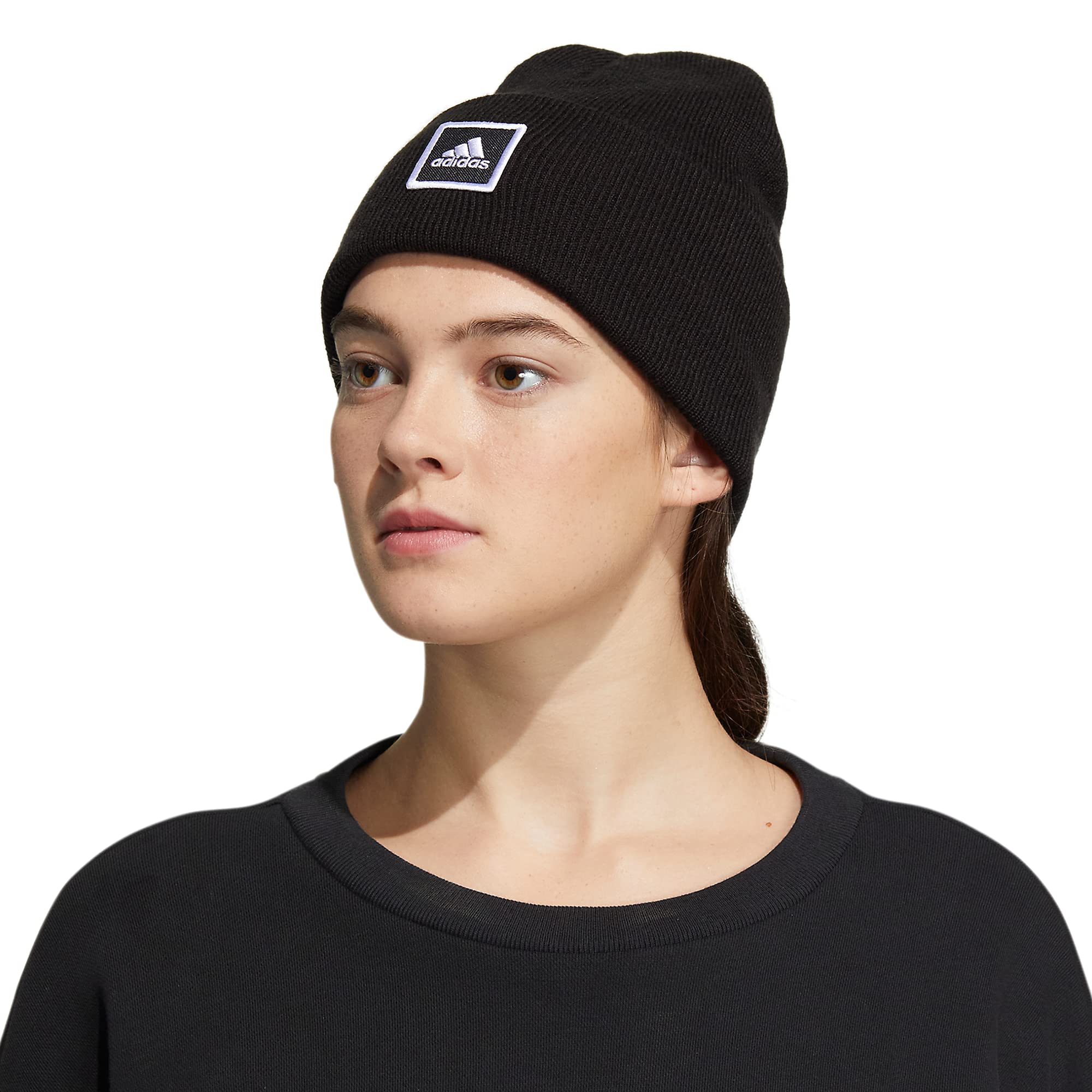 adidas Women's Wide Cuff Tall Fit Beanie, Cuffed Slouchy Acrylic Knit Cap/hat for Winter, Black/White, One Size