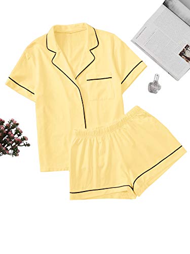 Floerns Women's Notch Collar Short Sleeve Sleepwear Two Piece Pajama Set Yellow Solid M