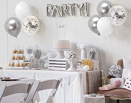 Bezente White Silver Balloon Garland Kit,100Pcs White Silver Metallic Chrome and Silver Confetti Balloons with Balloon Tape for Wedding, Prom,Special Events Party Decoration.