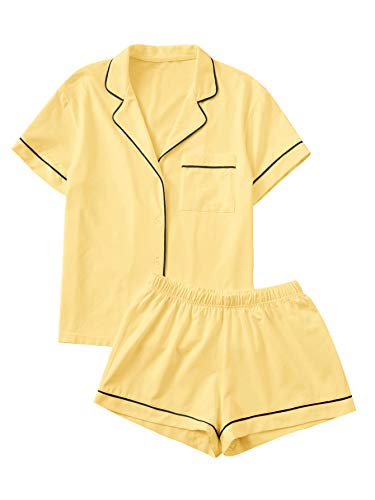 Floerns Women's Notch Collar Short Sleeve Sleepwear Two Piece Pajama Set Yellow Solid M