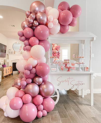Rose red Balloon Garland Arch Kit โ 100 Pack Rose red Baby Pink Metallic Rose Gold Balloons ,Double Latex Balloons for Princess Wedding Baby Shower Birthday Evening Decorations