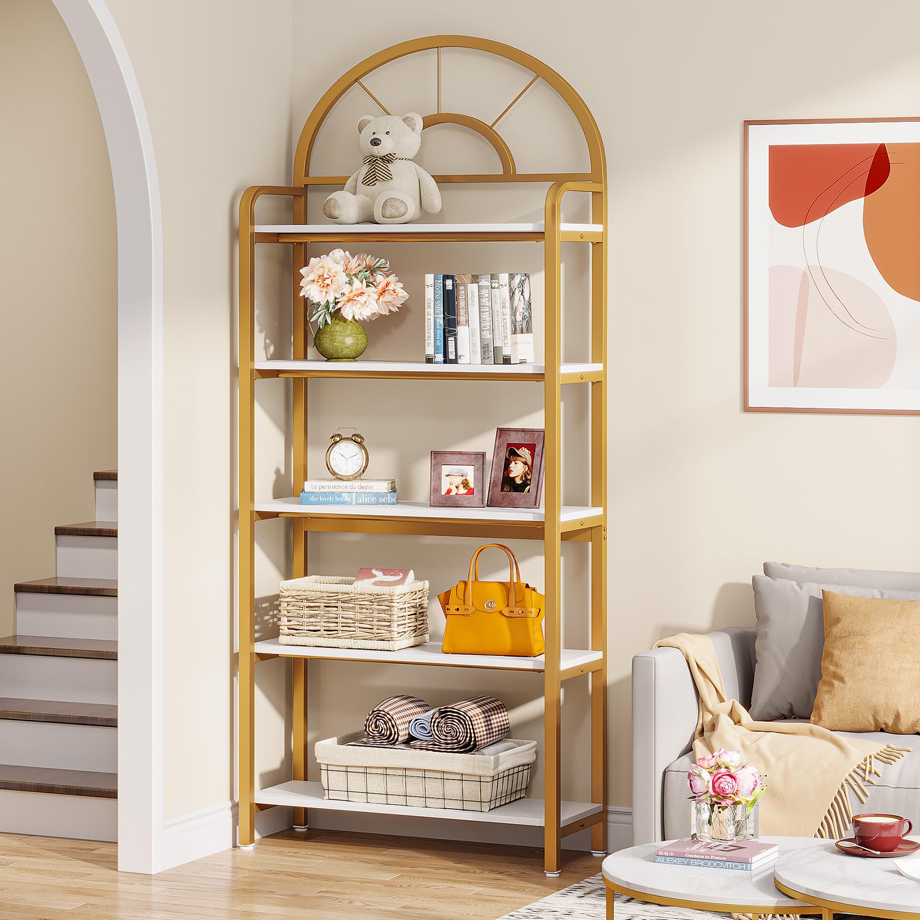 Tribesigns White and Gold Arched Bookshelf 5 Tier Bookcase, Gold Shelves for Living Room Freestanding Tall Display Shelf, Decorative Shelf for Bedroom