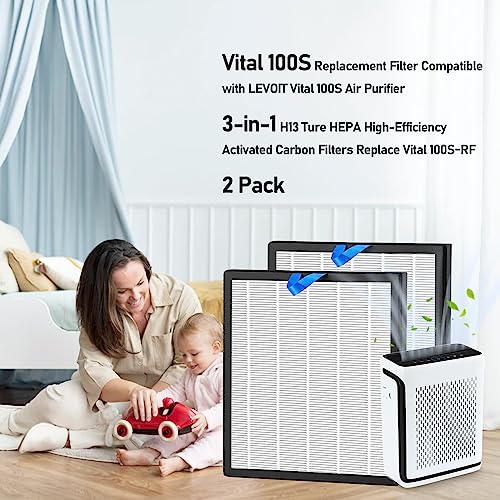 Vital 100S Replacement Filter Compatible with LEVOIT Vital 100S Air Purifier, 3-in-1 H13 Ture HEPA High-Efficiency Activated Carbon Filters Replace Vital 100S-RF (2 Pack)