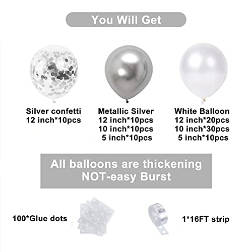 Bezente White Silver Balloon Garland Kit,100Pcs White Silver Metallic Chrome and Silver Confetti Balloons with Balloon Tape for Wedding, Prom,Special Events Party Decoration.