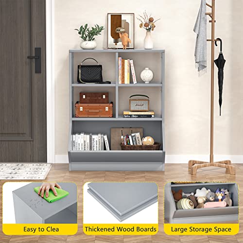 Aheaplus Toy Storage Organizer with Bookcase, 5 Cubby Bookshelf Toy Storage Cabinet, Open Multi-Bins Toys&Books Storage Display Organizer for Playroom, Bedroom, Living Room, Grey