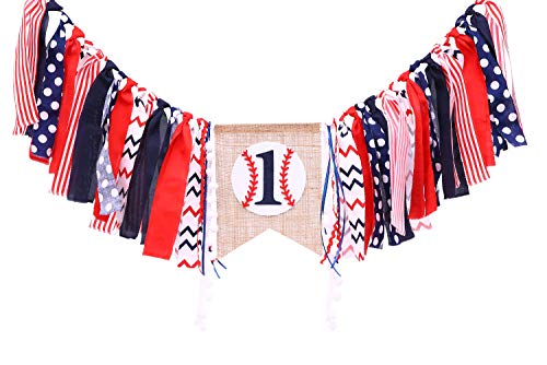 Baseball Banner for 1 St Birthday - First Birthday Decorations for Baseball Rag Tie Fabric Garland, Photo Booth Props Red White Blue, Birthday Souvenir and Gifts for Boy