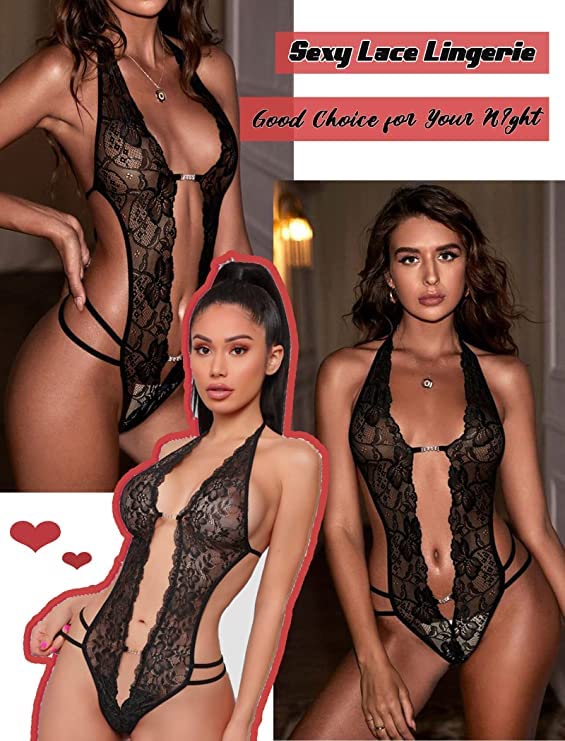Avidlove Lingerie for Women Deep V Halter Lace Bodysuit Sexy One Piece Teddy Black X-Large