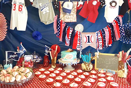 Baseball Banner for 1 St Birthday - First Birthday Decorations for Baseball Rag Tie Fabric Garland, Photo Booth Props Red White Blue, Birthday Souvenir and Gifts for Boy