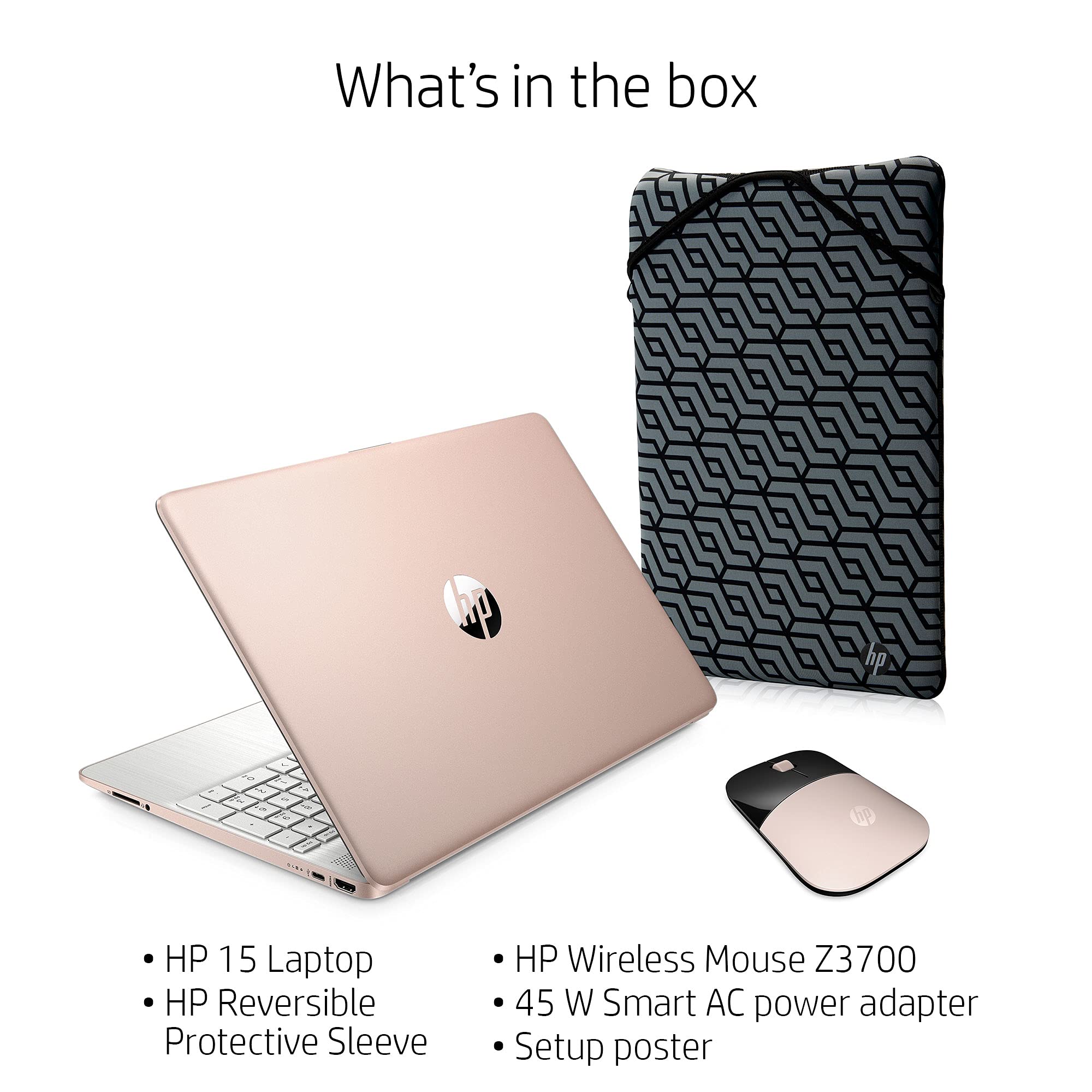HP 15.6" AMD Athlon Silver 3050U, 4GB DDR4 RAM 128GB SSD, HDMI USB-C WiFi Webcam, Wireless Mouse, Sleeve, Rose Gold, Windows 10S, with one Year Microsoft 365, and GOLDOXIS SD Card