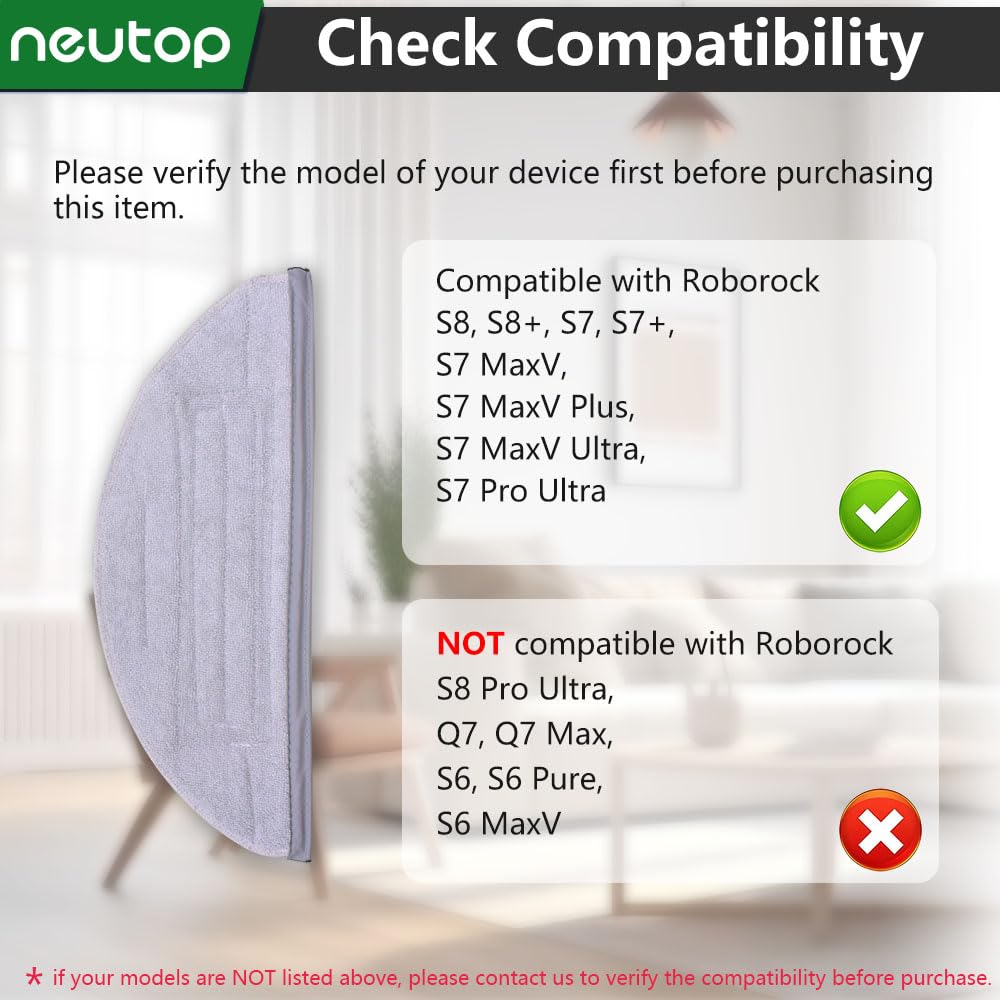 neutop Mop Cloths Pads, Compatible with Roborock S8, S8+, S7, S7+, S7 MaxV Plus/MaxV Ultra/Pro Ultra, Robot Vacuum Cleaners, Washable Spare Parts Accessories, 6-Pack.
