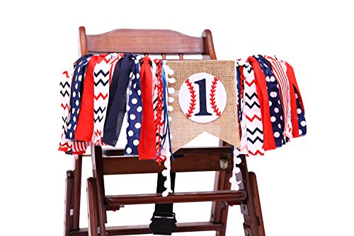 Baseball Banner for 1 St Birthday - First Birthday Decorations for Baseball Rag Tie Fabric Garland, Photo Booth Props Red White Blue, Birthday Souvenir and Gifts for Boy