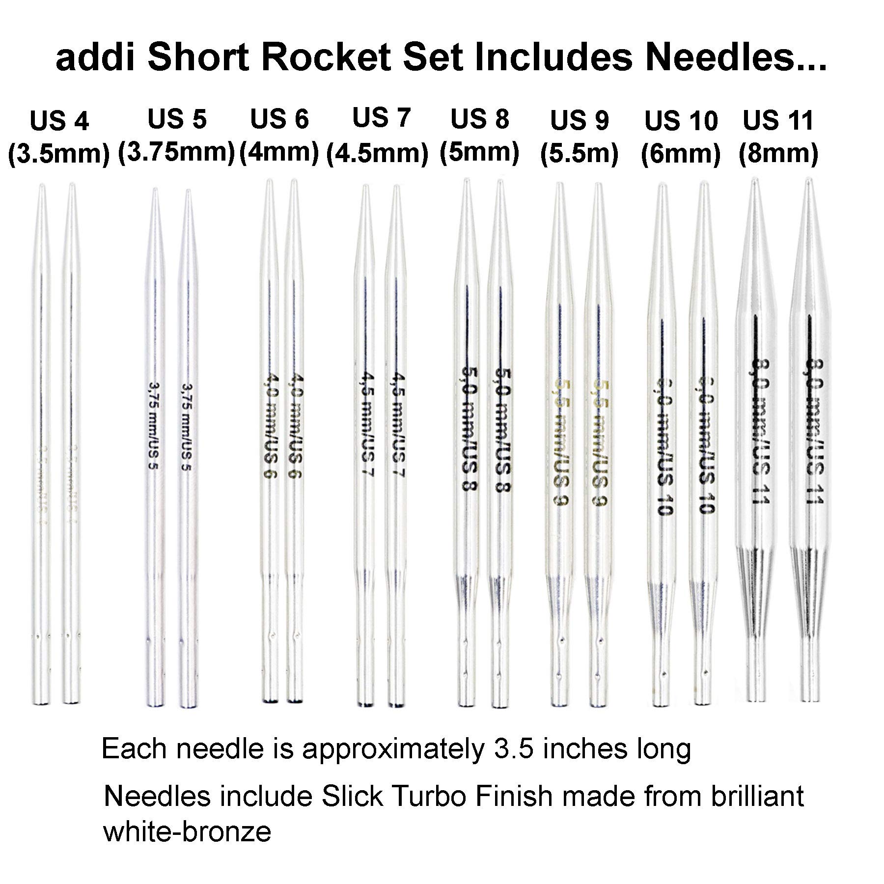 addi Click Rocket Lace Short 3.5-Inch Interchangeable Circular Knitting Needle Set Sizes US 4, 5, 6, 7, 8, 9, 10 and 11 with 5 Blue Cords, Brown Canvas Case with Project Bag