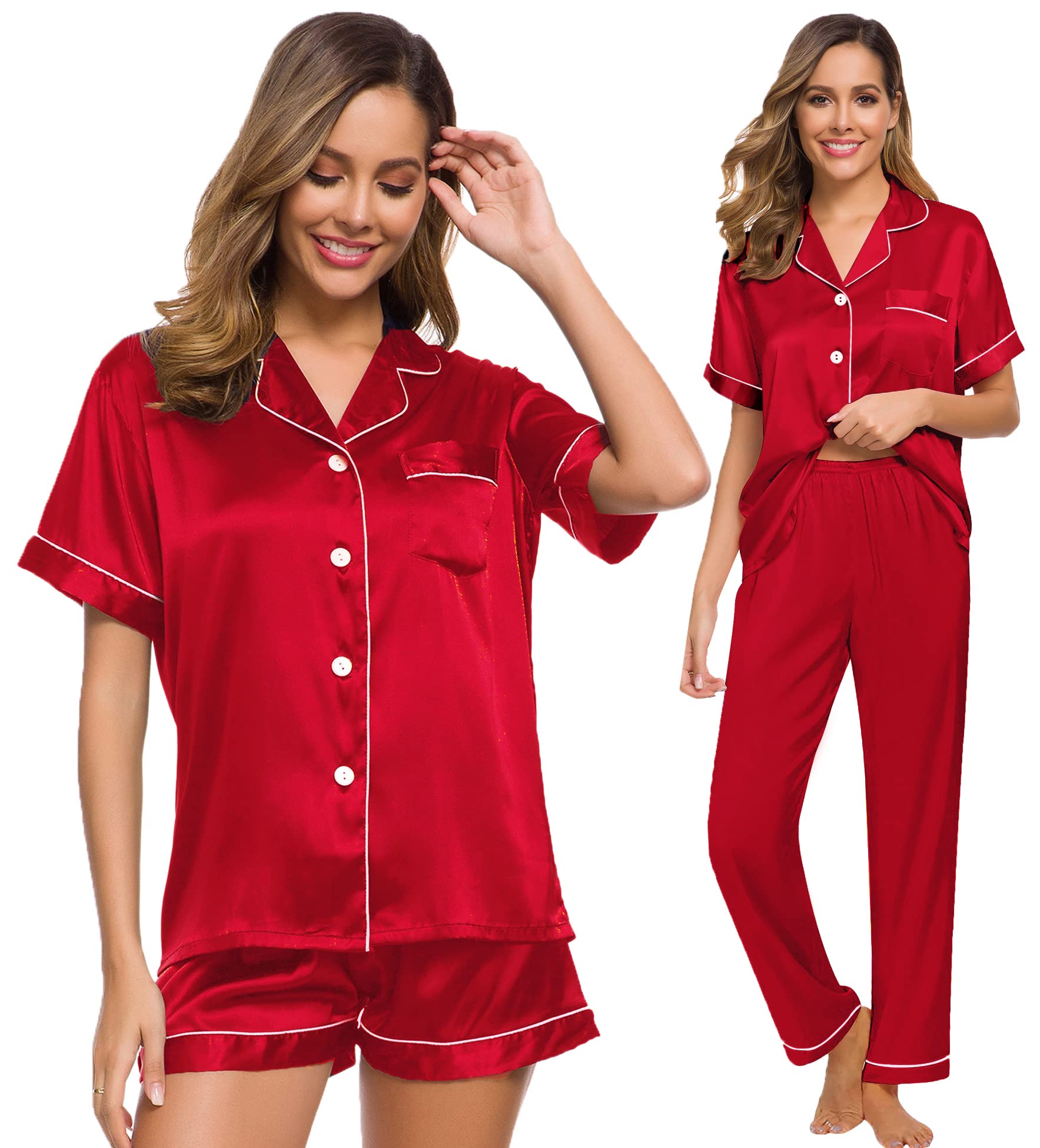 SWOMOG Womens 3pcs Pajamas Set Silk Satin Short Sleeve Sleepwear Button Down Loungewear Pjs Nightwear Red Medium