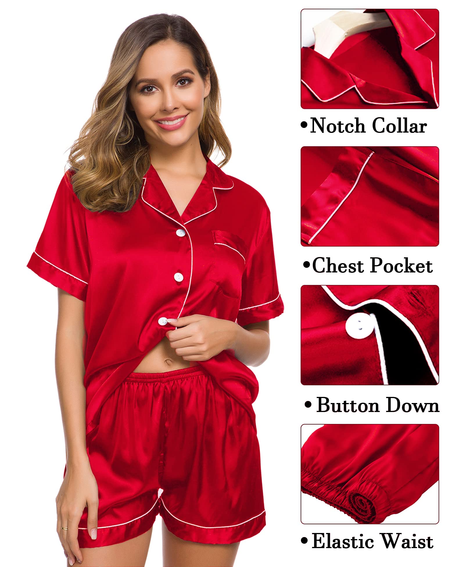 SWOMOG Womens 3pcs Pajamas Set Silk Satin Short Sleeve Sleepwear Button Down Loungewear Pjs Nightwear Red Medium