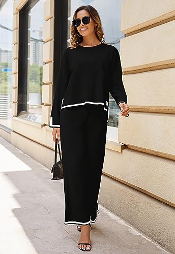 EsheSy Women's 2 Piece Outfits Sweater Sets Long Sleeve Knit Pullover Tops Wide Leg Pants Tracksuit Lounge Sets(Black-M)