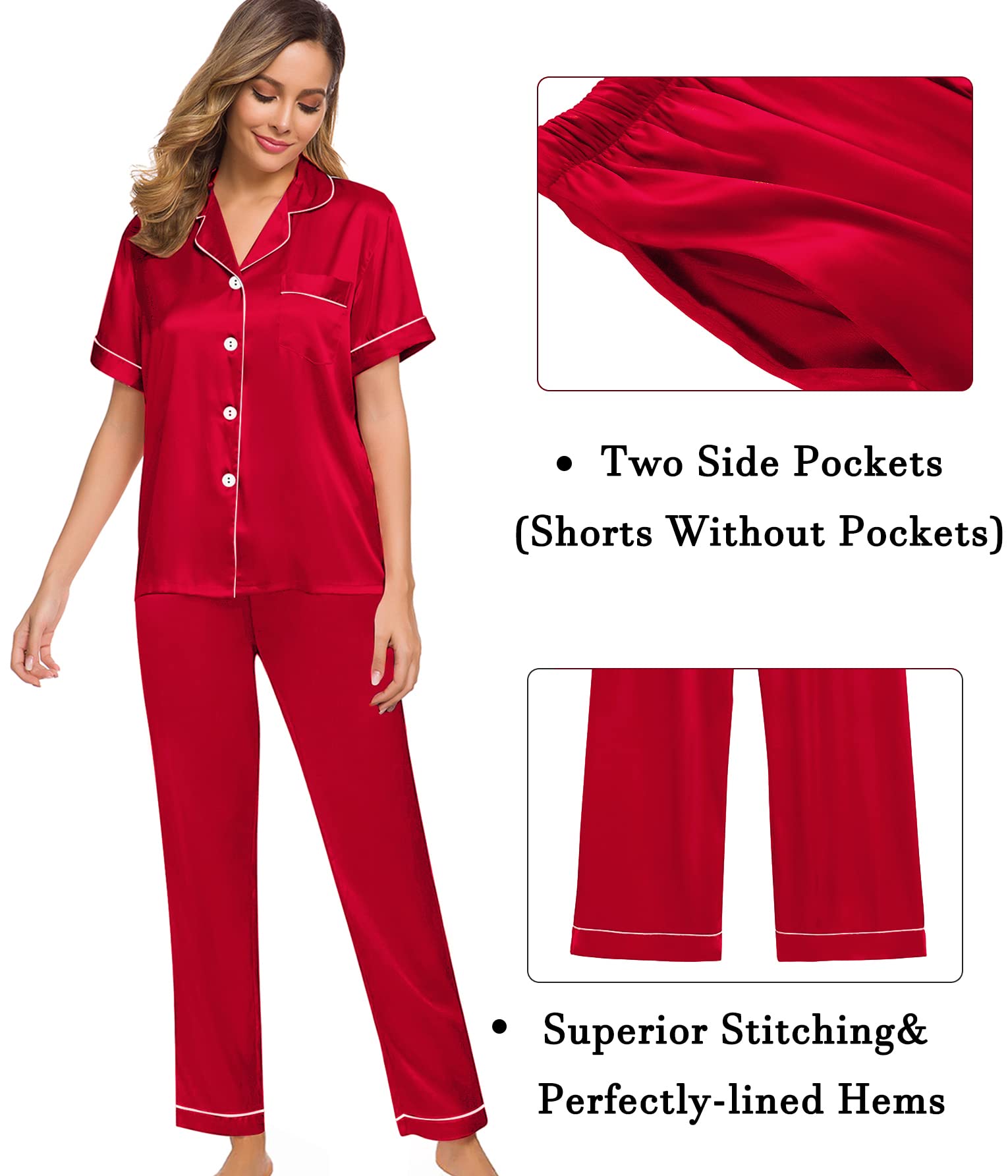 SWOMOG Womens 3pcs Pajamas Set Silk Satin Short Sleeve Sleepwear Button Down Loungewear Pjs Nightwear Red Medium