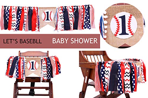Baseball Banner for 1 St Birthday - First Birthday Decorations for Baseball Rag Tie Fabric Garland, Photo Booth Props Red White Blue, Birthday Souvenir and Gifts for Boy